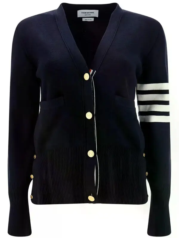 Thom Browne V-neck Cardigan With Four-bar Stripes - Blue