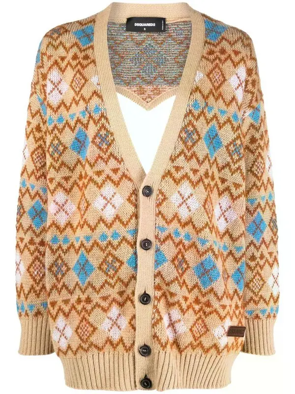Dsquared2 Geometric-print Wool Cardigan - Neutrals