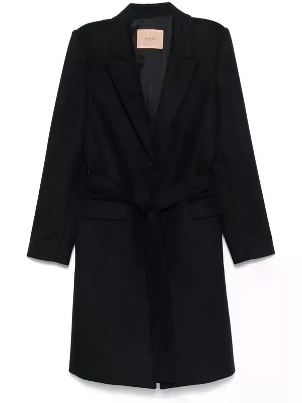 TWINSET Navy Wool Blend Logo Plaque Coat