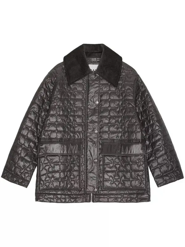 GANNI Logo-quilted Corduroy-collar Jacket - Grey