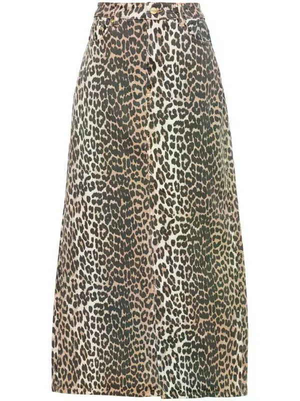 GANNI High-waisted Leopard-print Denim Midi Skirt