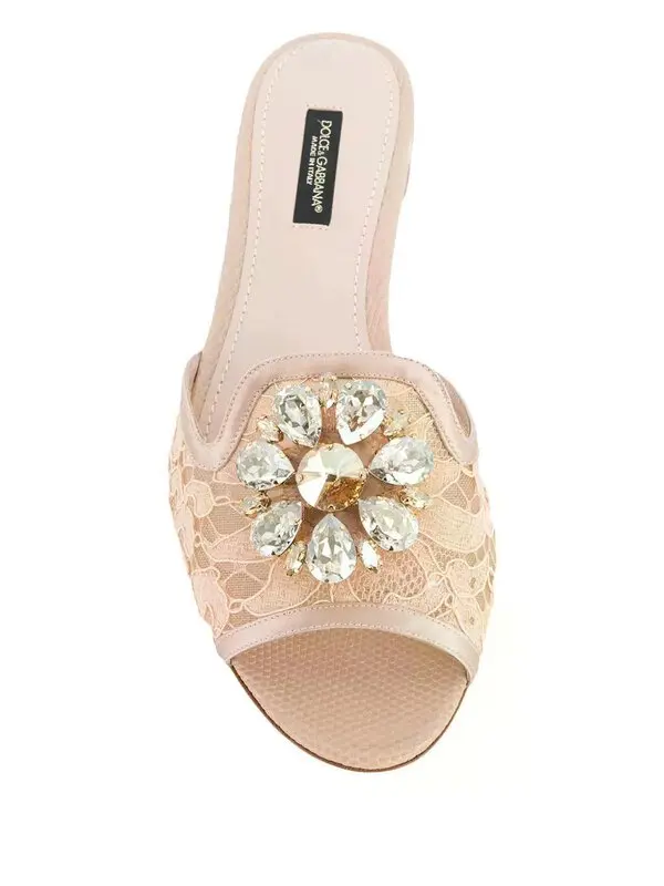 Dolce & Gabbana Bianca Lace Jeweled Slide Sandals - Neutrals
