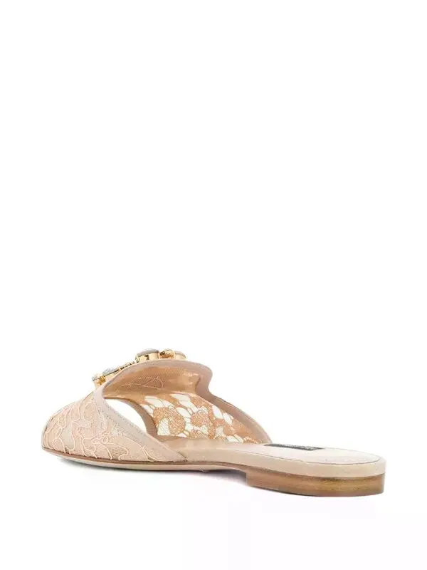 Dolce & Gabbana Bianca Lace Jeweled Slide Sandals - Neutrals