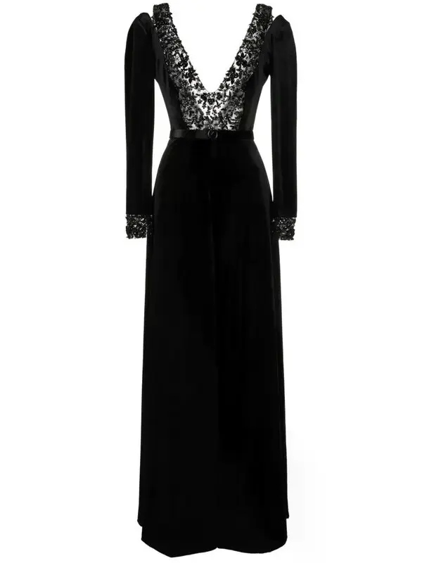 SAIID KOBEISY Beaded Velvet Wide-leg Jumpsuit - Black