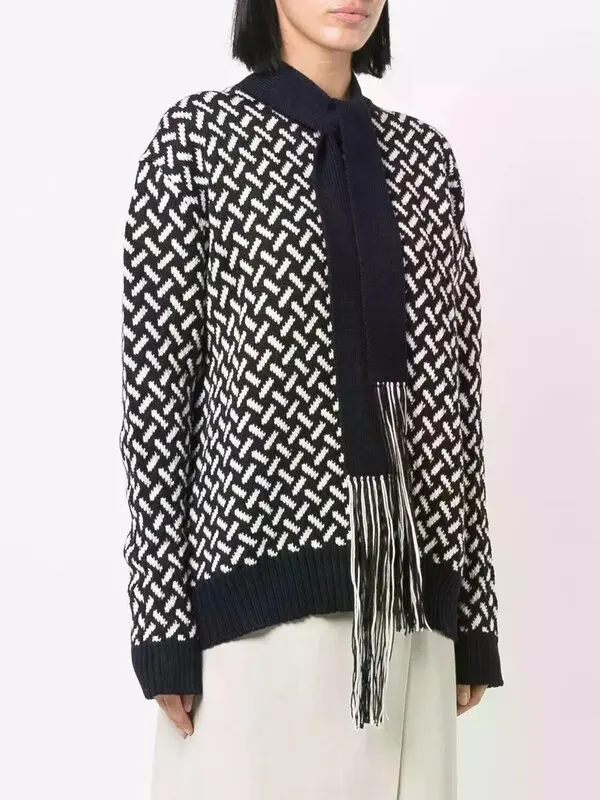 JIL SANDER Patterned Jacquard Wool Jumper With Scarf Detail - Blue