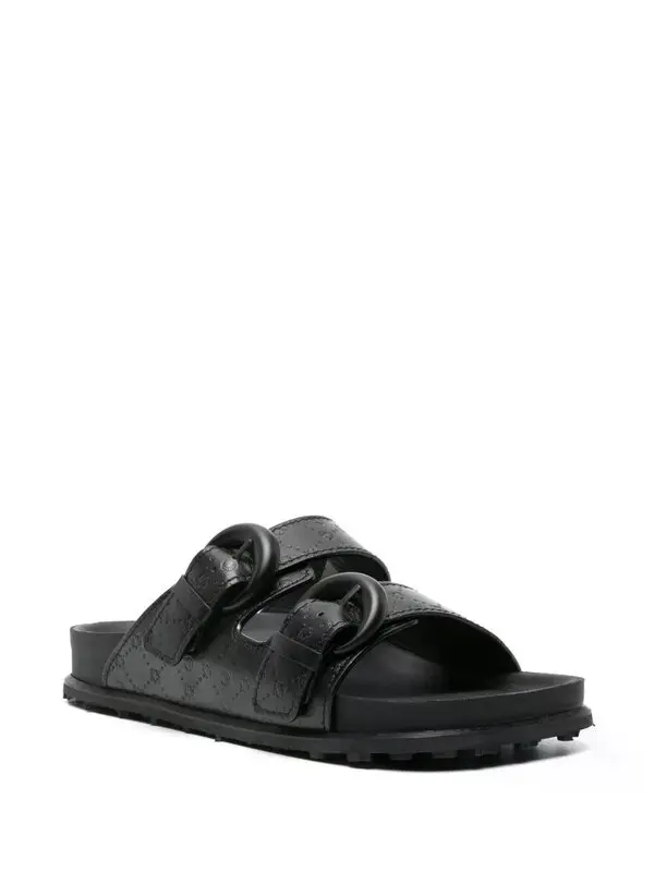 MARINE SERRE Embossed Moonogram Leather Slides - Black