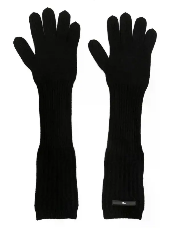 Y3 Logo-patch Ribbed-knit Long Gloves - Black