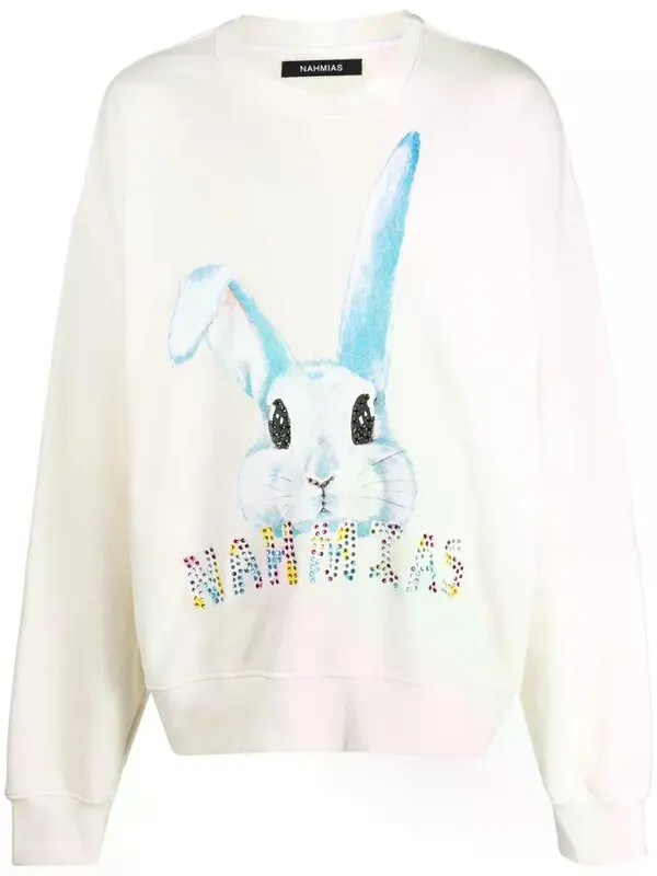 NAHMIAS Rhinestone-embellished Logo-print Cotton Sweatshirt - Neutrals