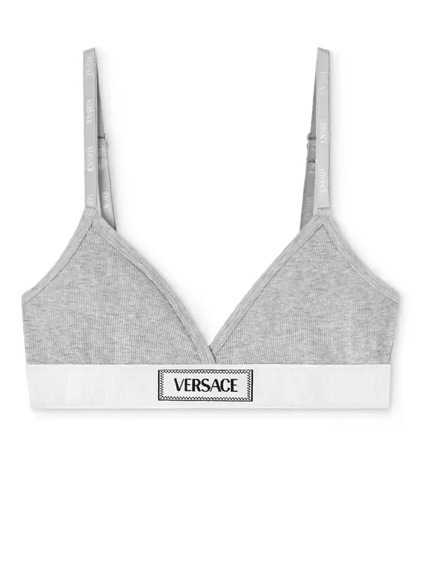 Versace Logo-patch Cotton-blend Bra - Grey