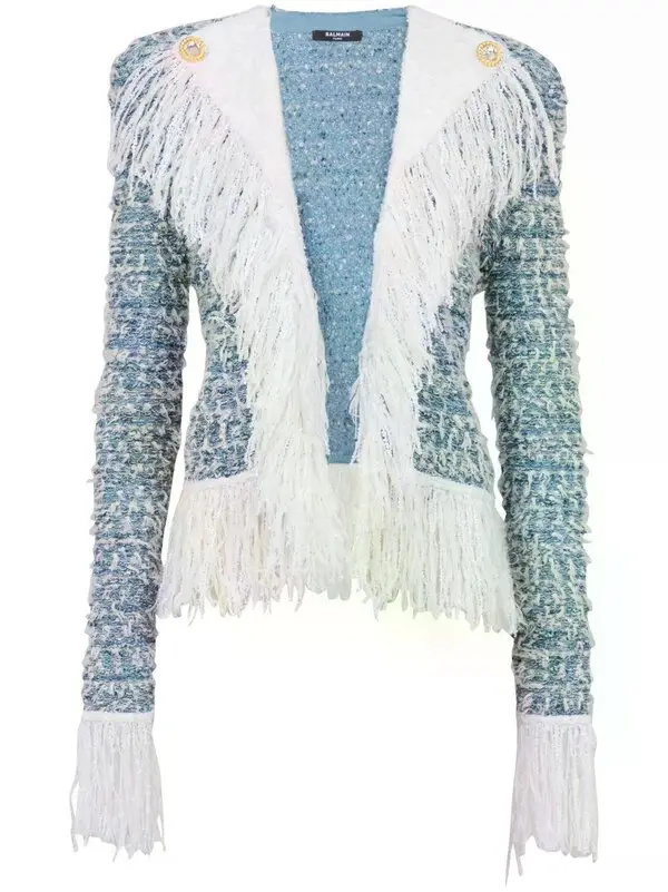 Balmain Fringed Denim Tweed Jacket - Blue