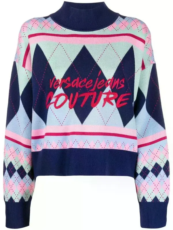 Versace Argyle-knit Logo-embroidered Jumper - Blue