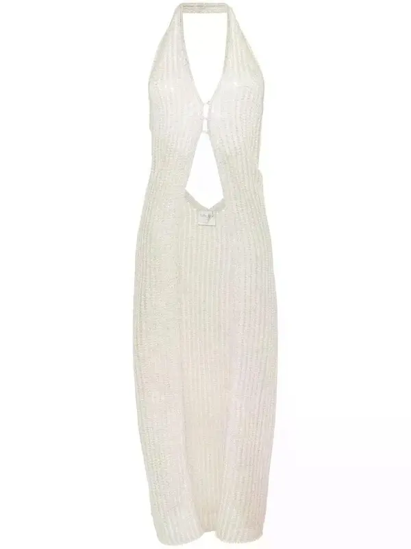 FORTE_FORTE Halterneck Pointelle-knit Maxi Top - Neutrals