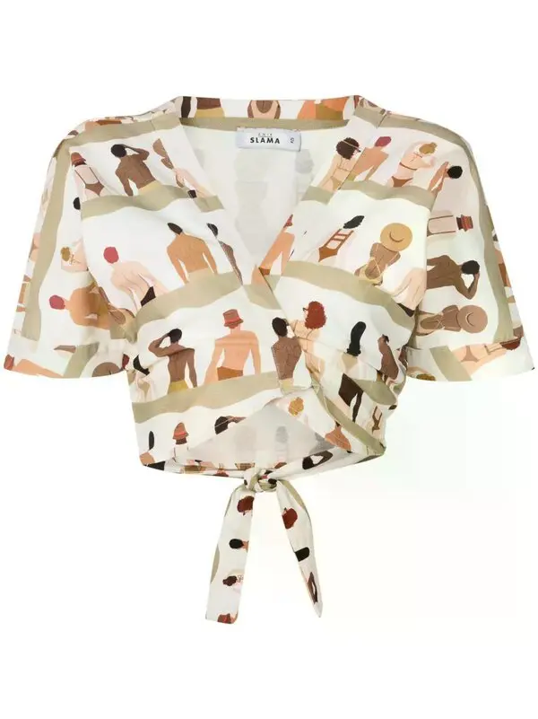 AMIR SLAMA Swimmer-print Wrap-front Cotton Shirt