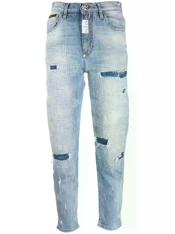 Philipp Plein Distressed High-waisted Cropped Mom Jeans