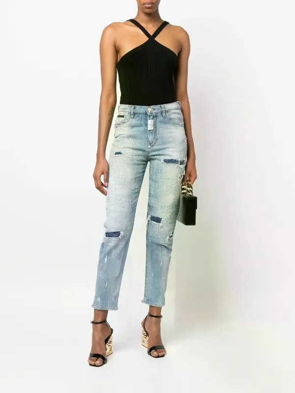 Philipp Plein Distressed High-waisted Cropped Mom Jeans