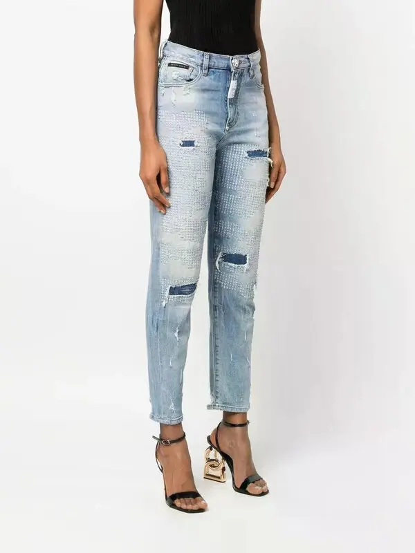 Philipp Plein Distressed High-waisted Cropped Mom Jeans