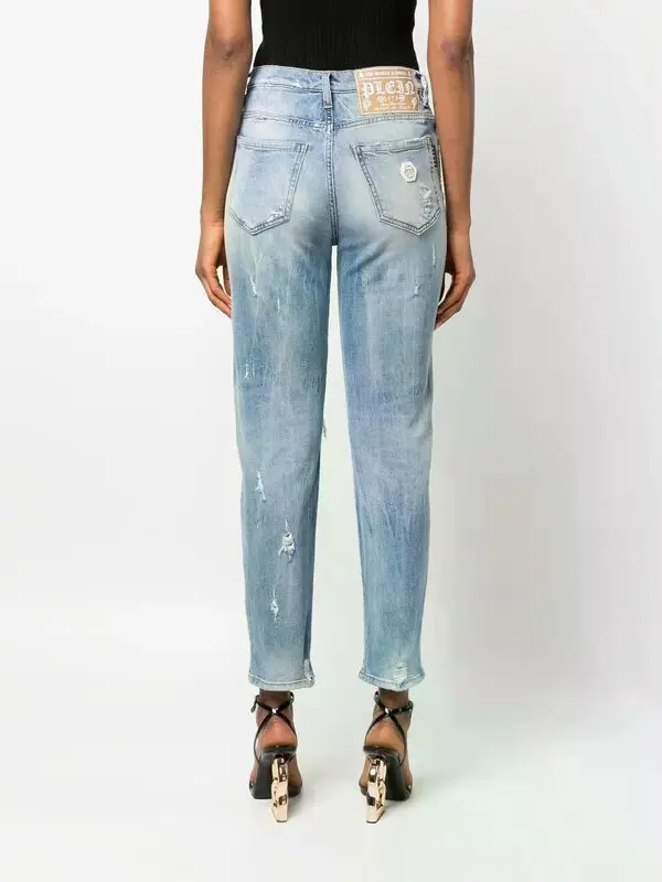 Philipp Plein Distressed High-waisted Cropped Mom Jeans