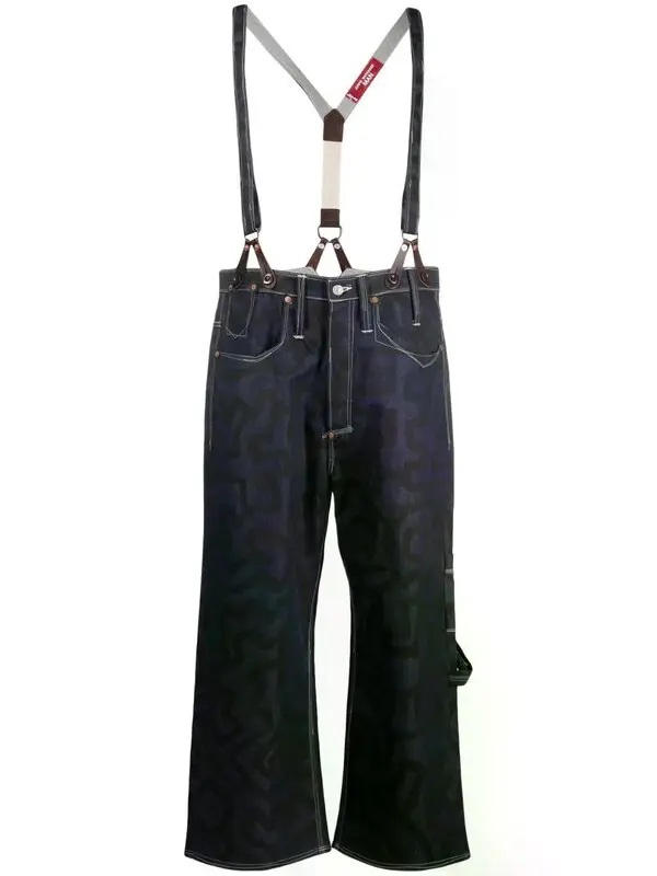 Junya Watanabe Abstract Print Trousers With Suspenders - Blue