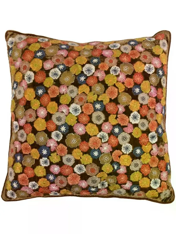 ANKE DRECHSEL Floral-embroidered Velvet Cushion - Brown