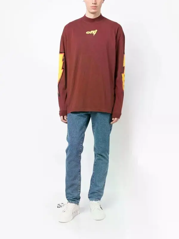 Off-White Long Sleeve Mock Neck Cotton T-shirt With Graphic Print