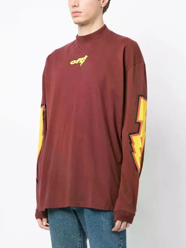 Off-White Long Sleeve Mock Neck Cotton T-shirt With Graphic Print
