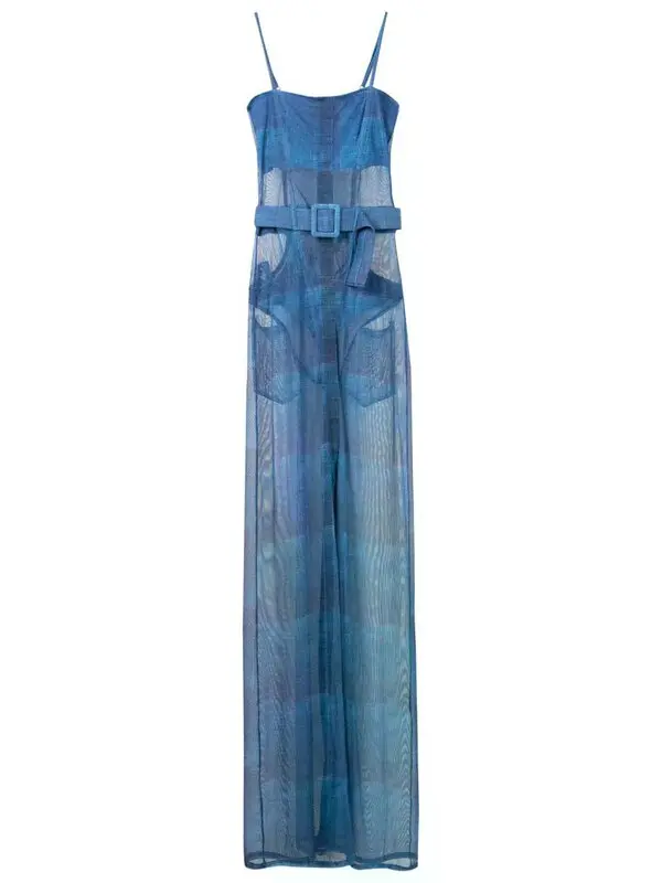 AMIR SLAMA Sheer-finish Belted-waist Maxi Dress - Blue