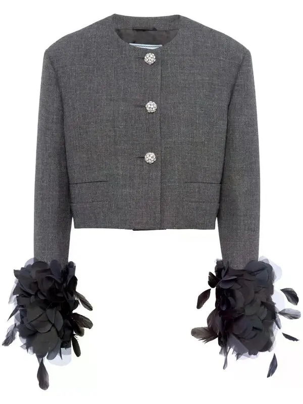 Prada Feather-trim Single-breasted Wool Jacket - Grey