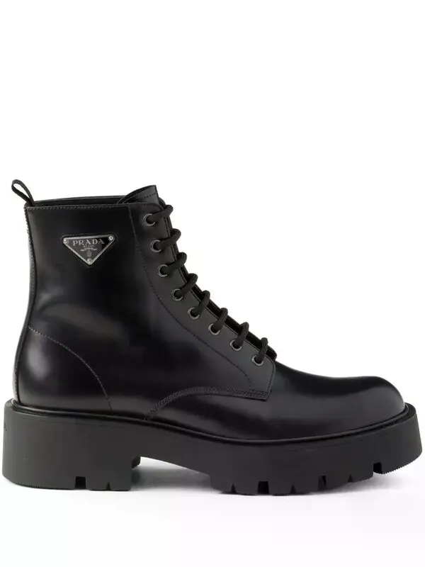 Prada Logo Plaque Leather Combat Boots