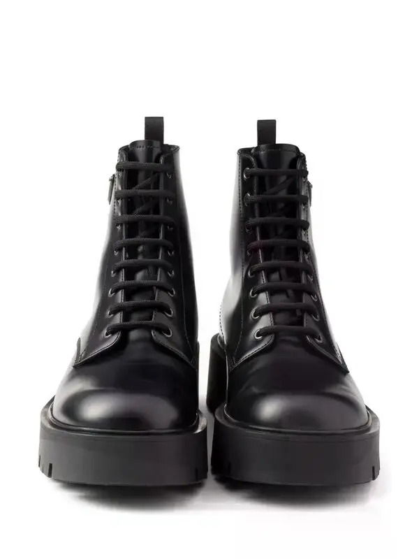 Prada Logo Plaque Leather Combat Boots