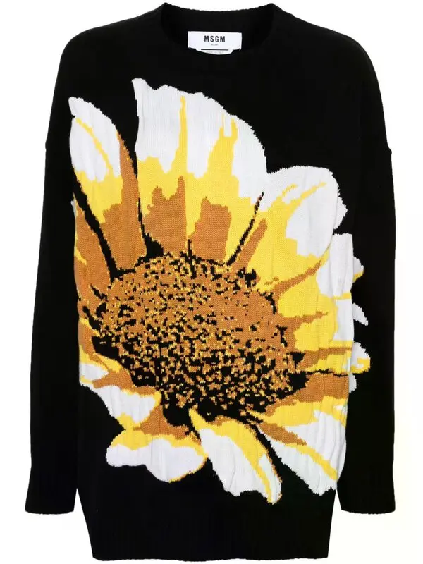 MSGM Floral-intarsia-knit Jumper - Black