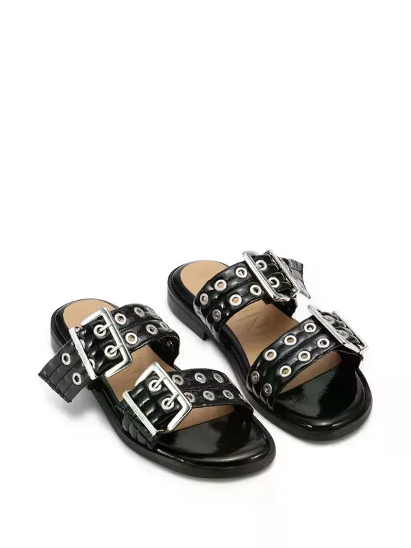 GANNI Buckle Flat Leather Sandals - Black