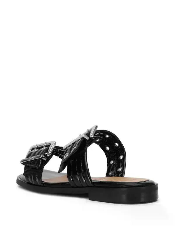 GANNI Buckle Flat Leather Sandals - Black