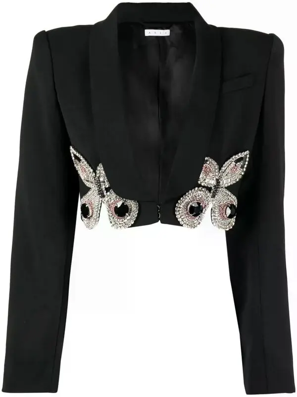 AREA Butterfly-embroidered Cropped Blazer - Black