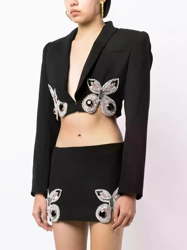 AREA Butterfly Embroidered Cropped Blazer - Black