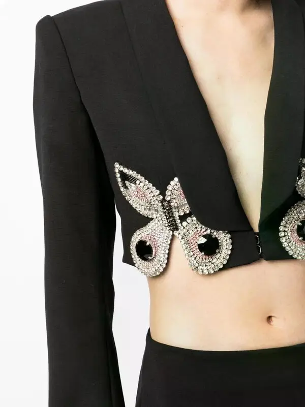 AREA Butterfly Embroidered Cropped Blazer - Black