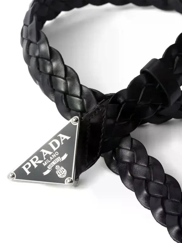Prada Braided Leather Belt With Enamel Triangle Logo