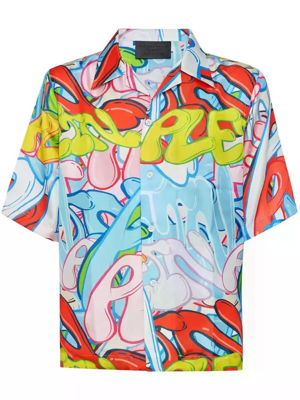 Philipp Plein Bombing Graffiti Silk Shirt - Blue