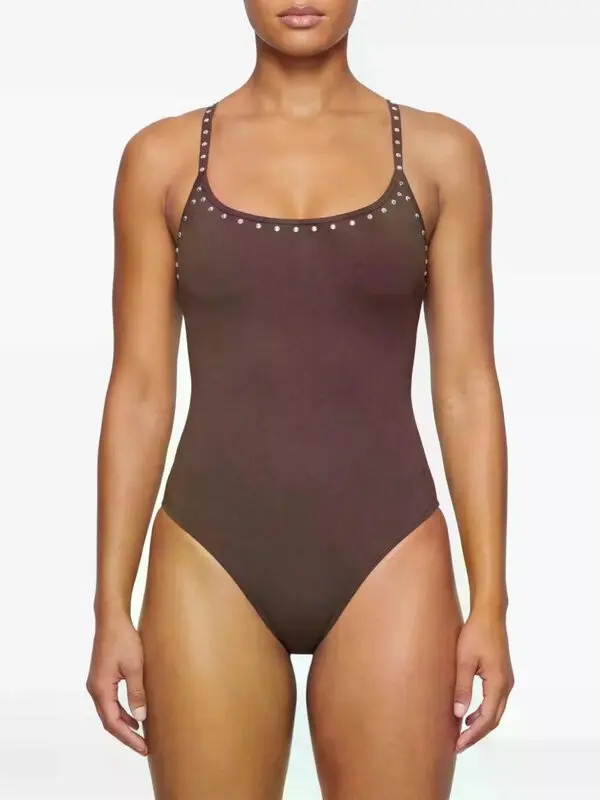 LET'S SWIM Embellished One Piece Swimsuit - Brown