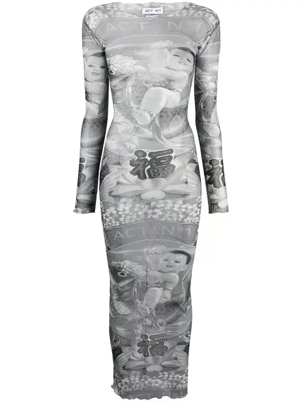 ACT Nº1 Graphic-print Semi-sheer Dress - Grey