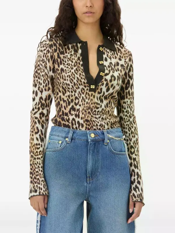 GANNI Leopard Print Long Sleeve Top - Brown
