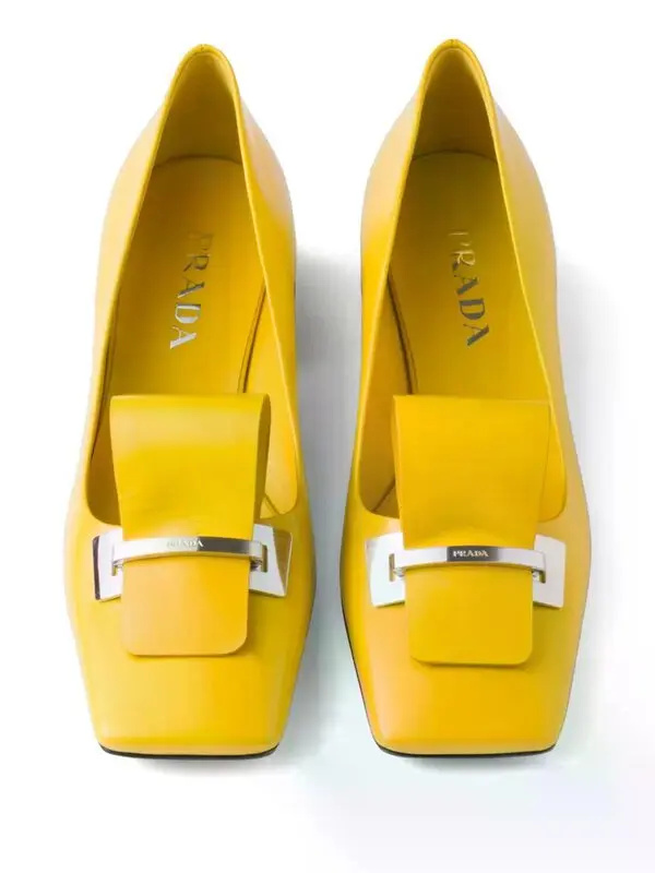 Prada 35mm Brushed Leather Block Heel Pumps - Yellow
