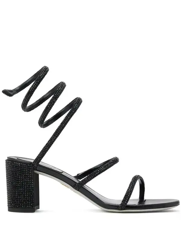 Rene Caovilla Satin Rhinestone Embellished High Block Heel Sandals