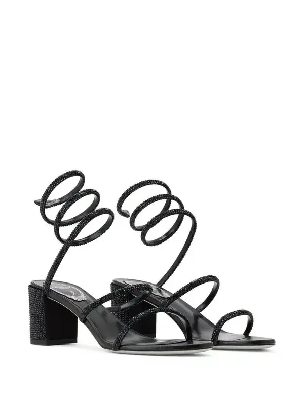 Rene Caovilla Satin Rhinestone Embellished High Block Heel Sandals