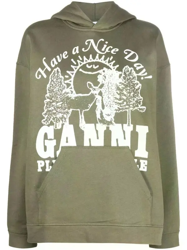 GANNI Logo-print Organic Cotton Hoodie - Green
