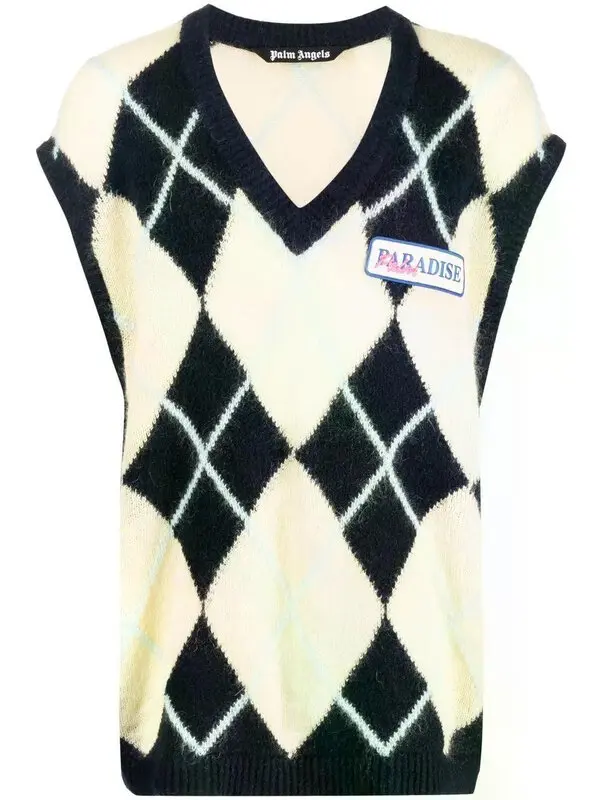 Palm Angels Logo-patch Argyle Knitted Vest - Black