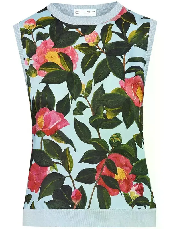 Oscar De La Renta Camellia Printed Tank Top - Blue