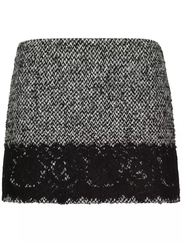 Dolce & Gabbana Wool Blend Herringbone Lace Overlay A-line Skirt