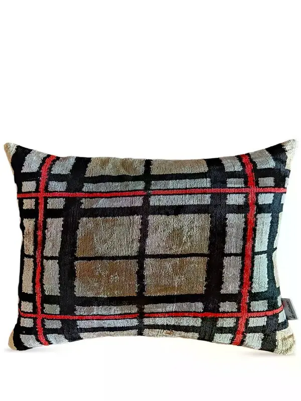 LES-OTTOMANS Check-pattern Velvet-finish Cushion - Neutrals