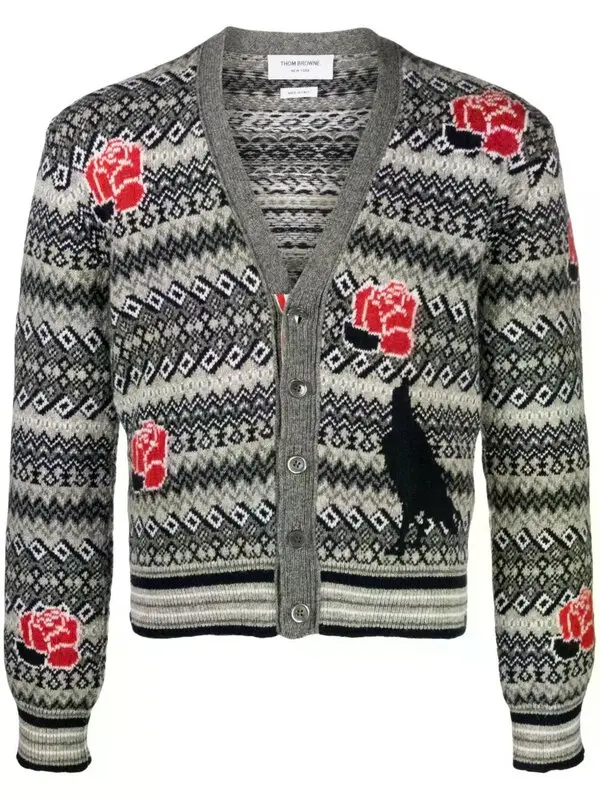 Thom Browne Intarsia-knit Wool-blend Cardigan - Grey