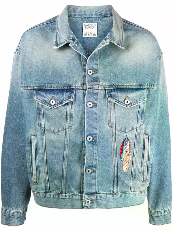 COUNTY OF MILAN Embroidered Feathers Denim Jacket - Blue